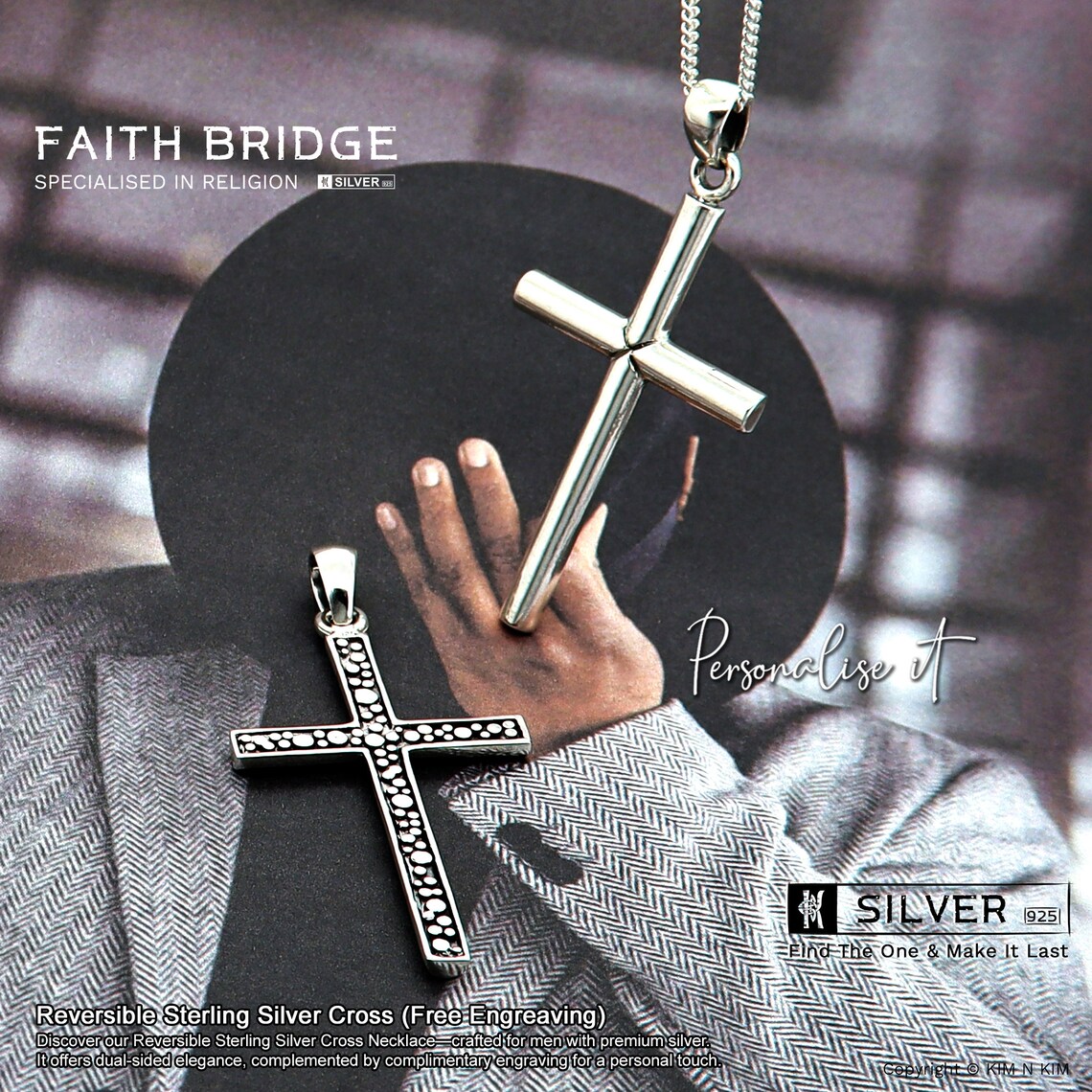 Personalised Cross Pendant, Reversible Silver Cross Pendant Necklace ...