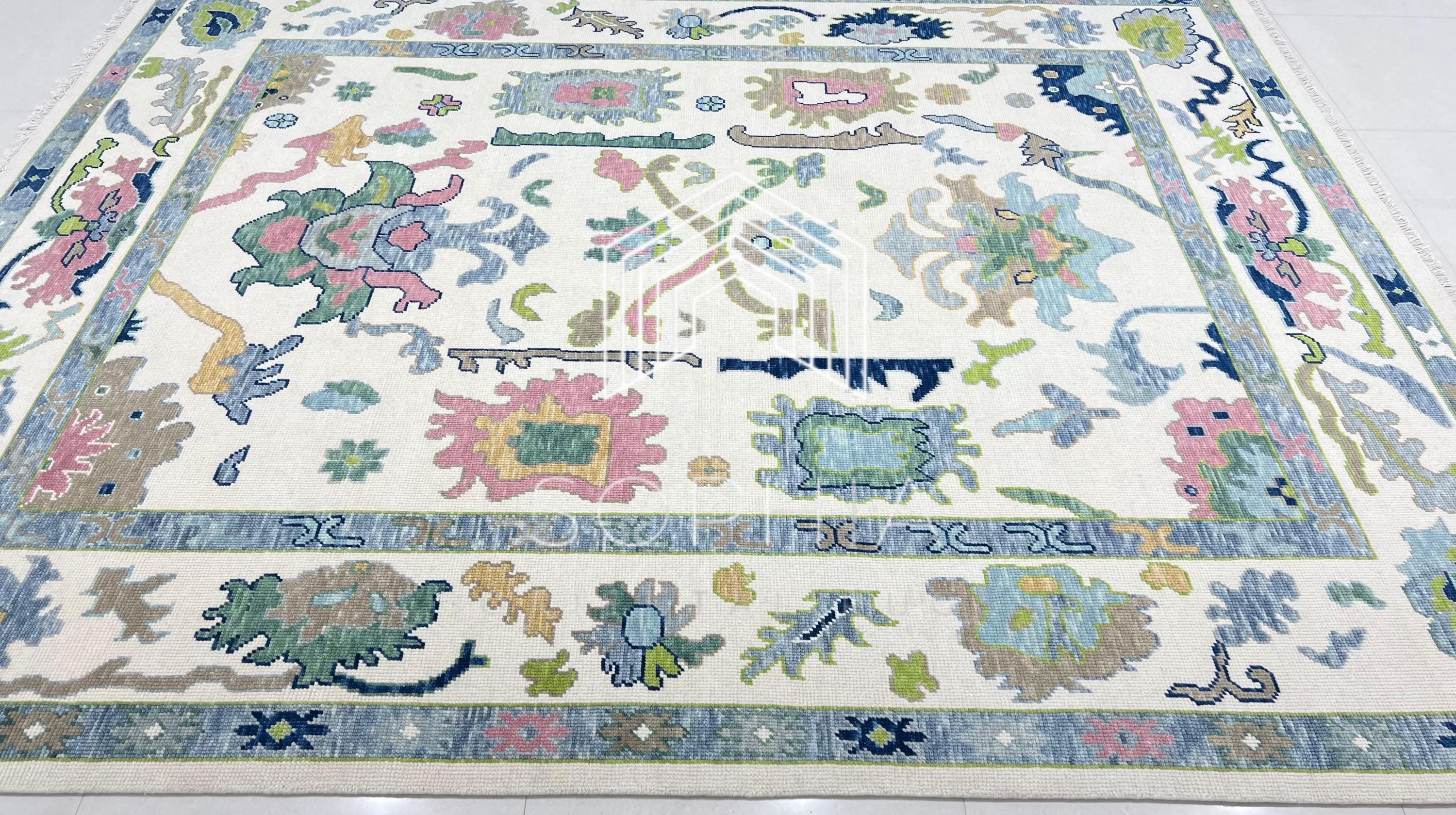 Tuscan Ivory Teal Turkish Oushak Made in 100% Wool Natural Dying Area ...