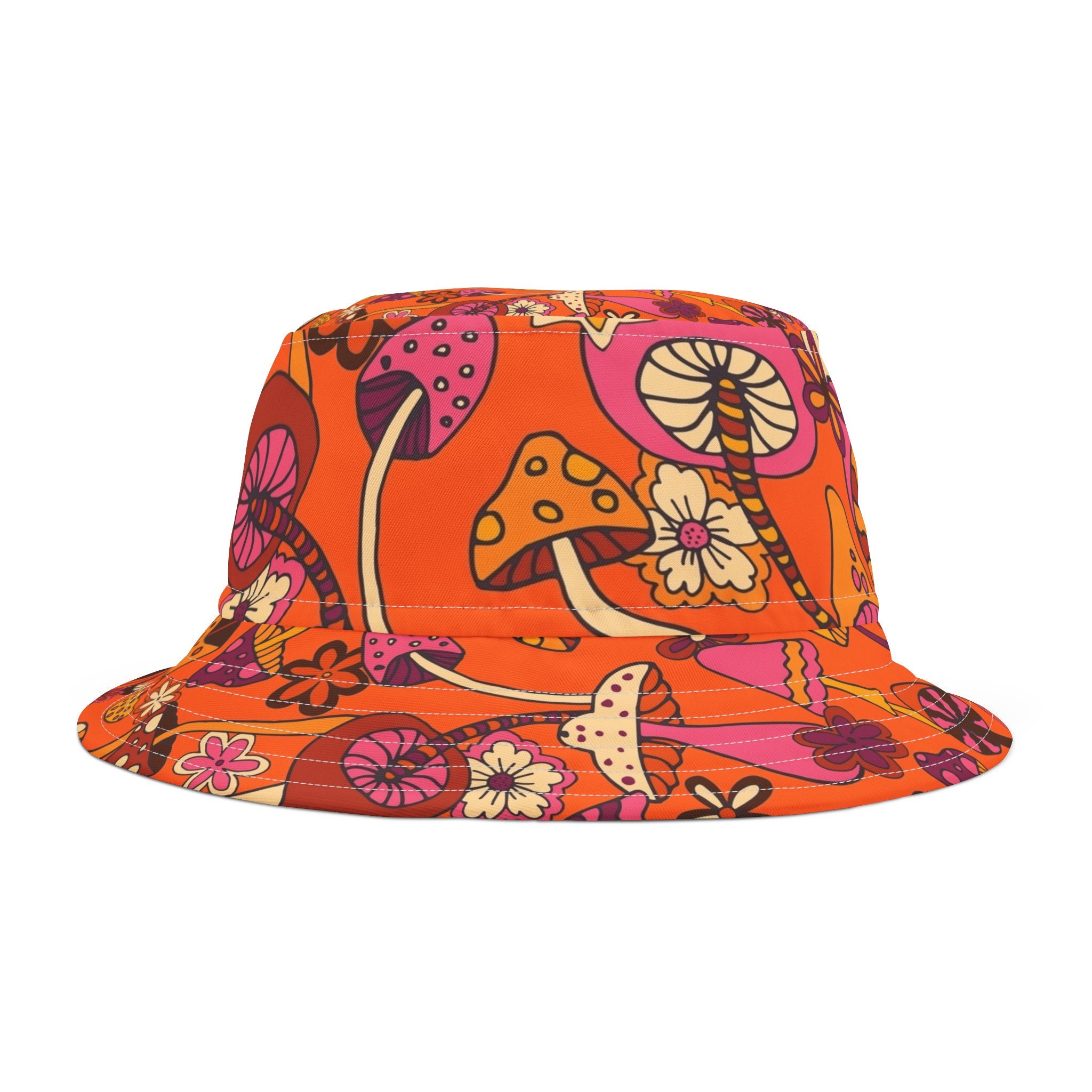 Trippy Mushroom Bucket Hat in Psychadelic Orange AOP Retro Bucket Hat ...
