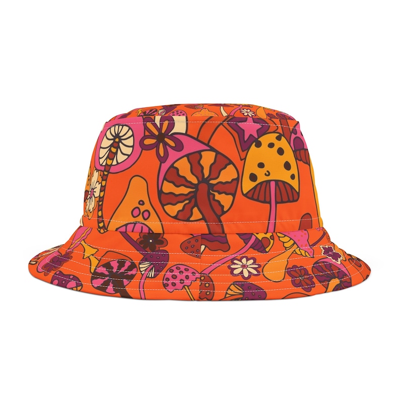 Trippy Mushroom Bucket Hat in Psychadelic Orange AOP Retro Bucket Hat ...