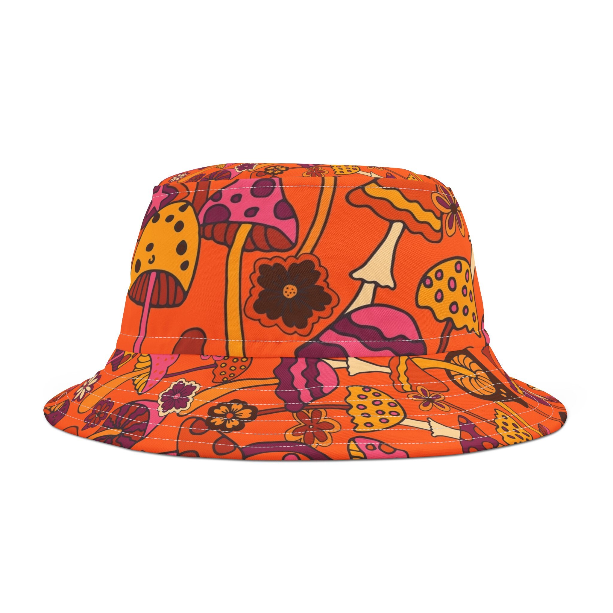 Trippy Mushroom Bucket Hat in Psychadelic Orange AOP Retro Bucket Hat ...