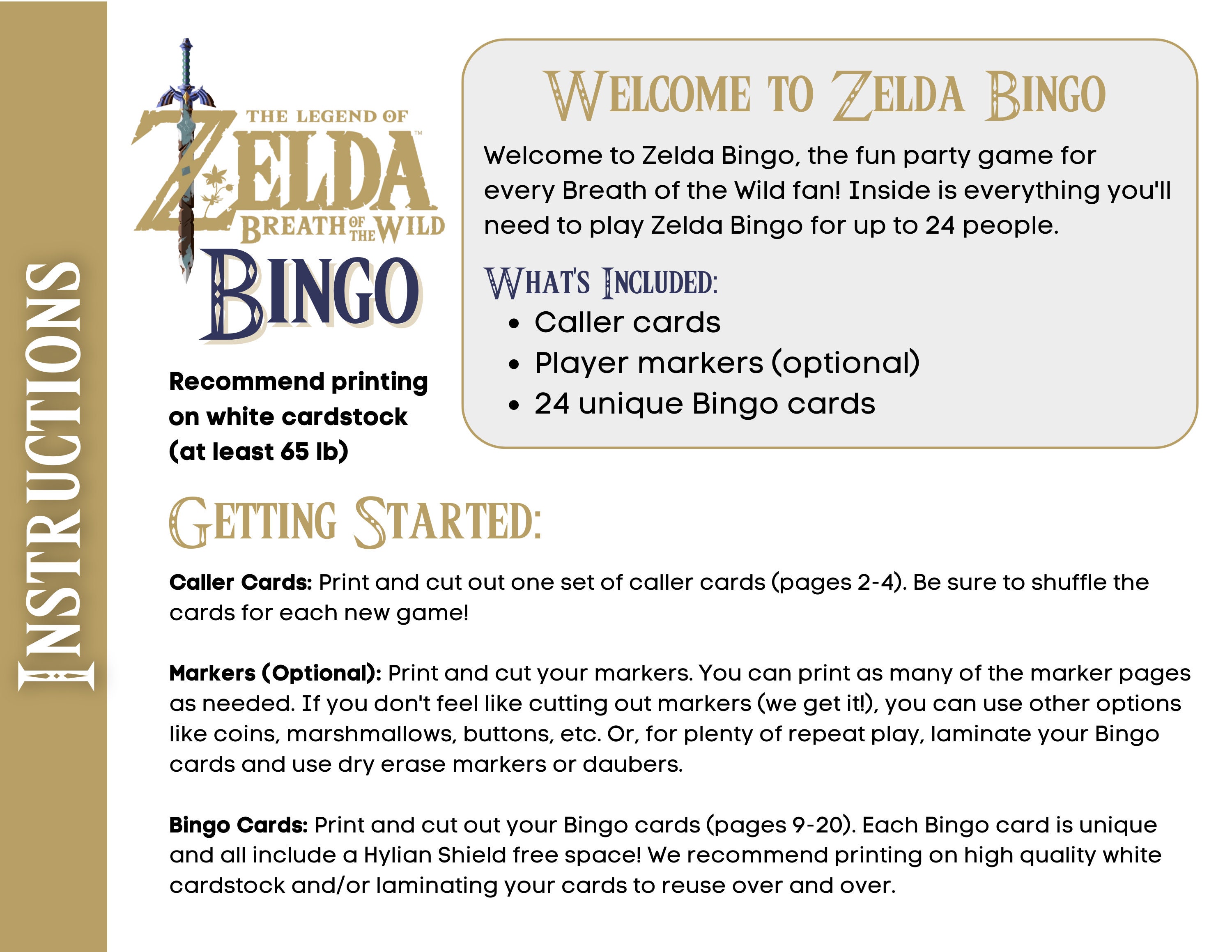 Zelda Breath of the Wild Video Game Printable Bingo Kit for - Etsy Canada