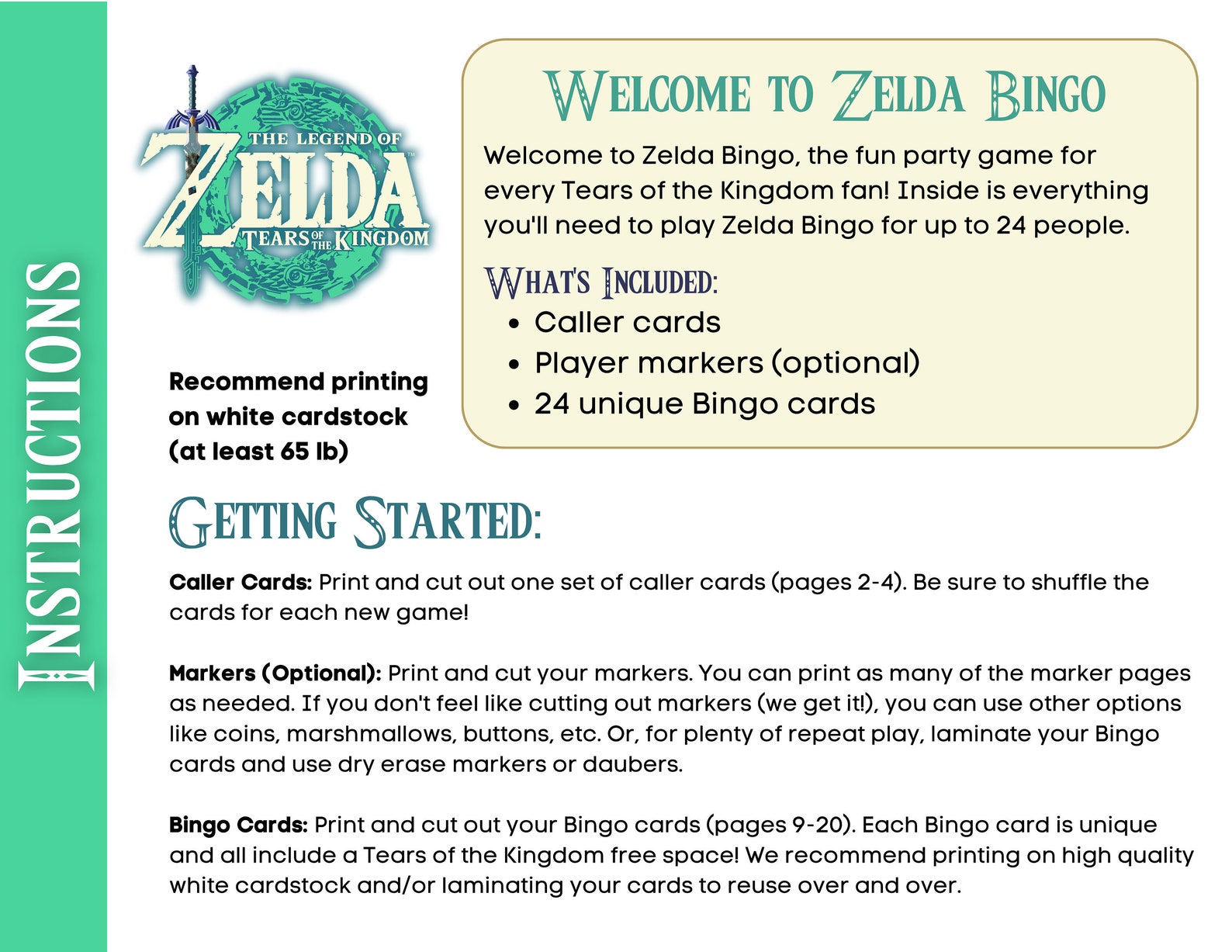 Zelda Tears of the Kingdom Video Game Printable Bingo Kit for Zelda ...
