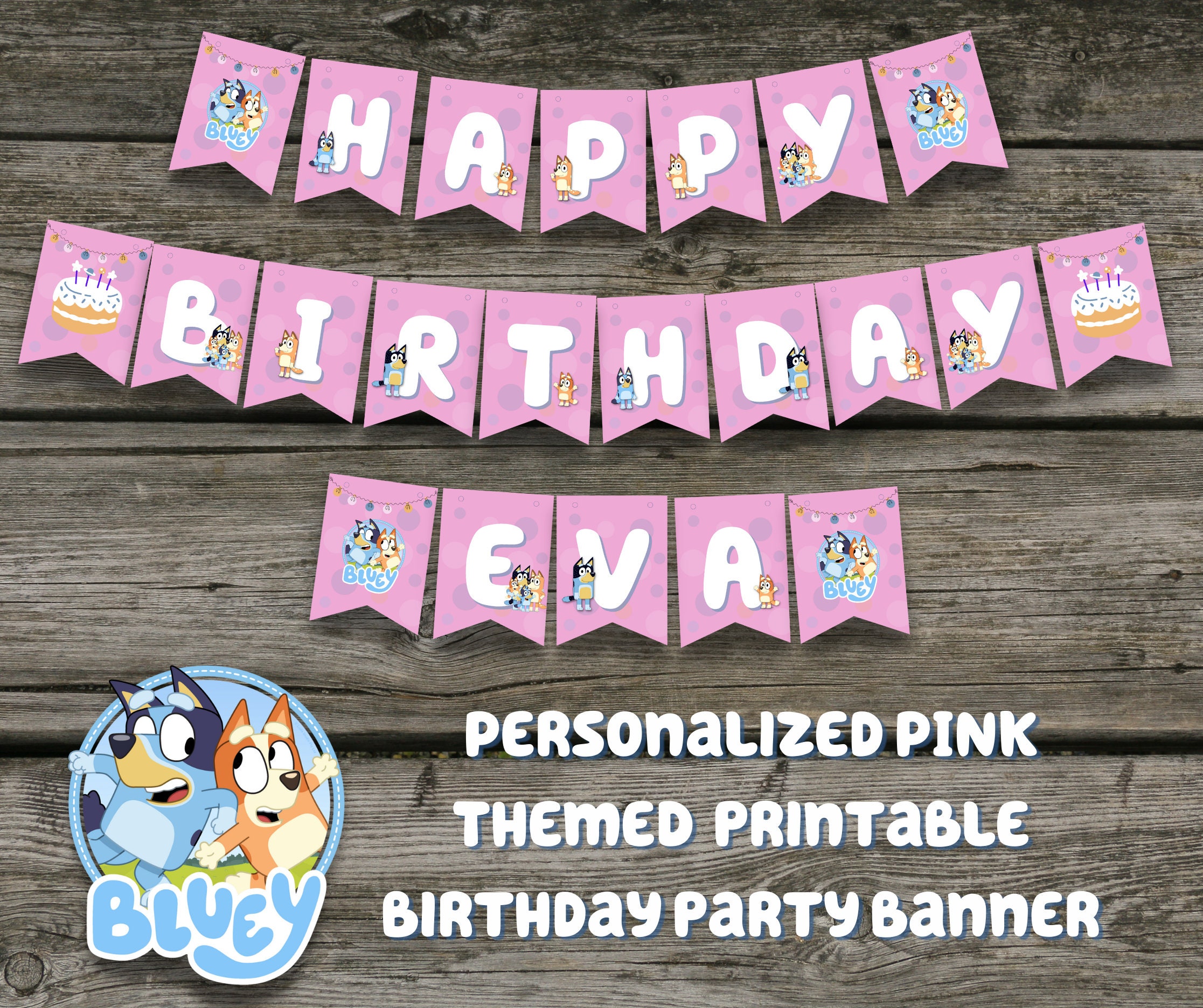 Banner de fiesta de cumpleaños de Bluey con temática rosa imprimible ...
