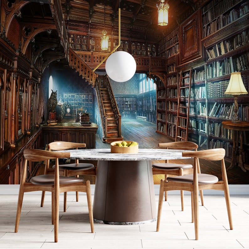 Library Bookshelf Wallpaper Mural: Peel and Stick Fabric Wall Decor - Etsy