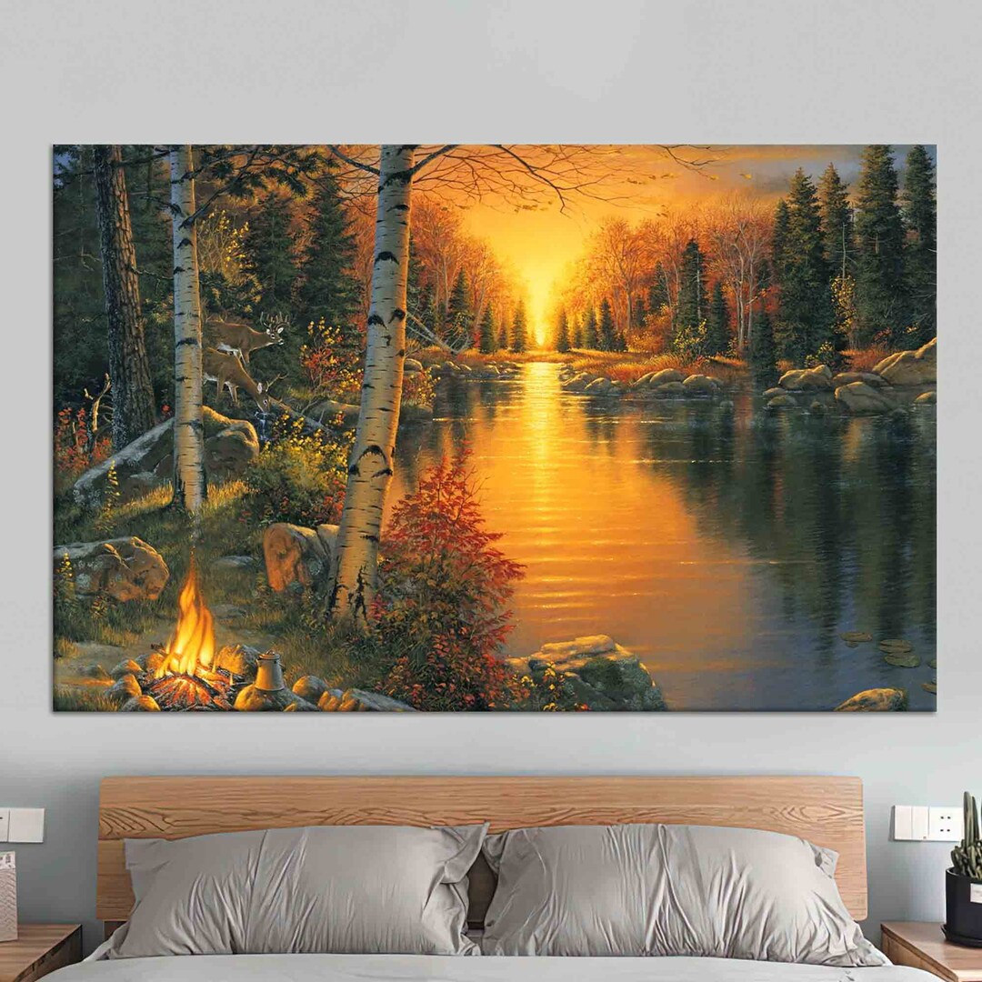 Forest River Sunset Canvas Art, Campfire Landscape Painting for Nature ...