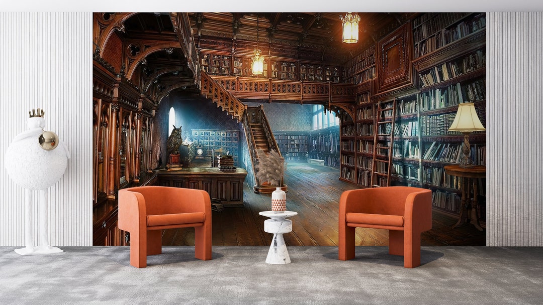 Library Bookshelf Wallpaper Mural: Peel and Stick Fabric Wall Decor - Etsy