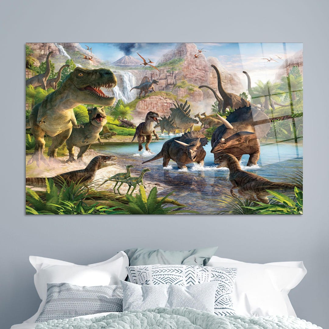 Dinosaur World Canvas Poster, Colorful Prehistoric Jungle Scene Wall ...