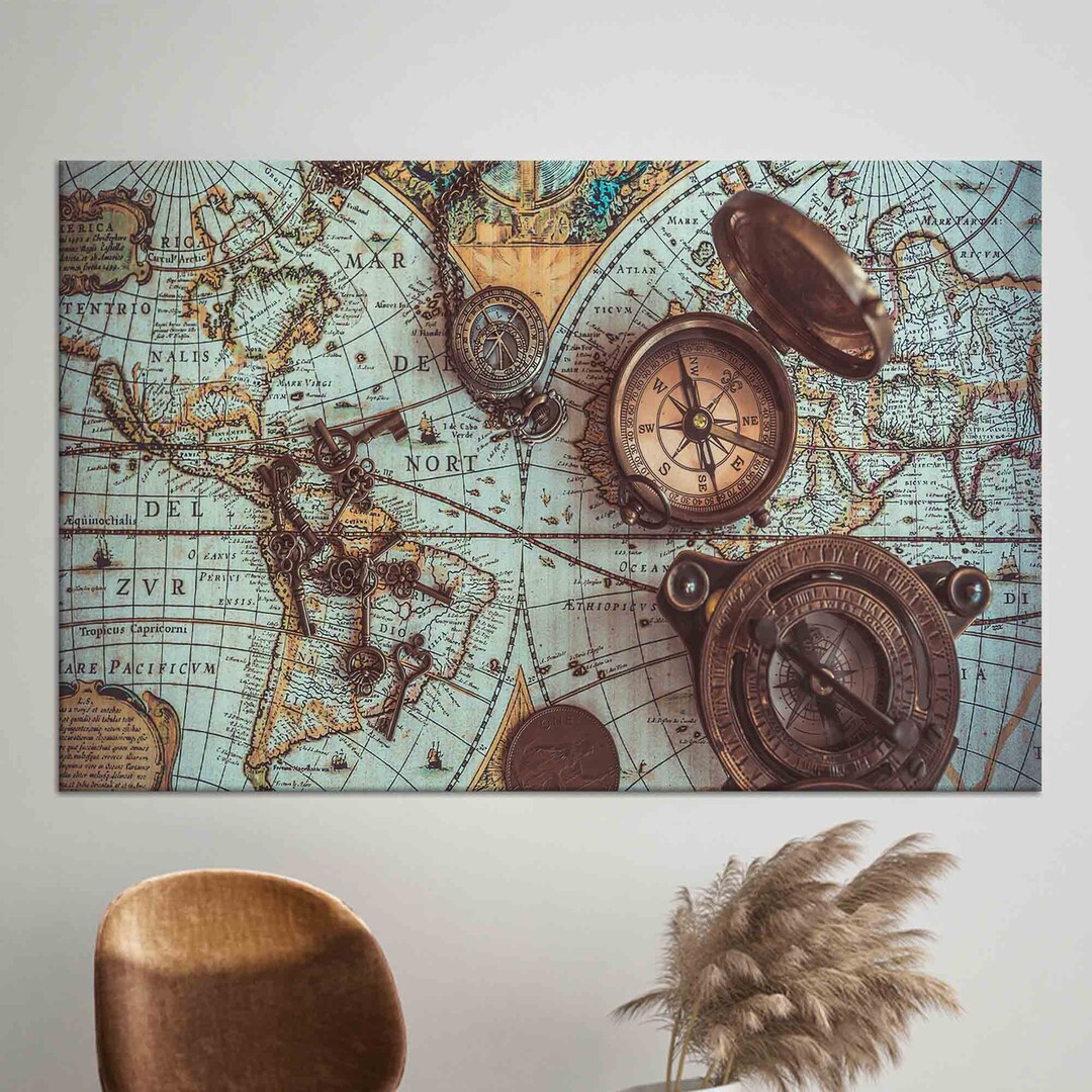 Map Glass Printing, Antique World Map Canvas, Brass Pocket Compass Wall ...