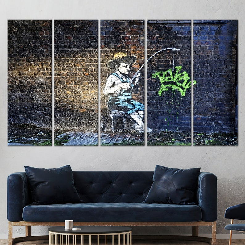 Banksy Fishing Boy Canvas Art: Street Graffiti Decor - Etsy