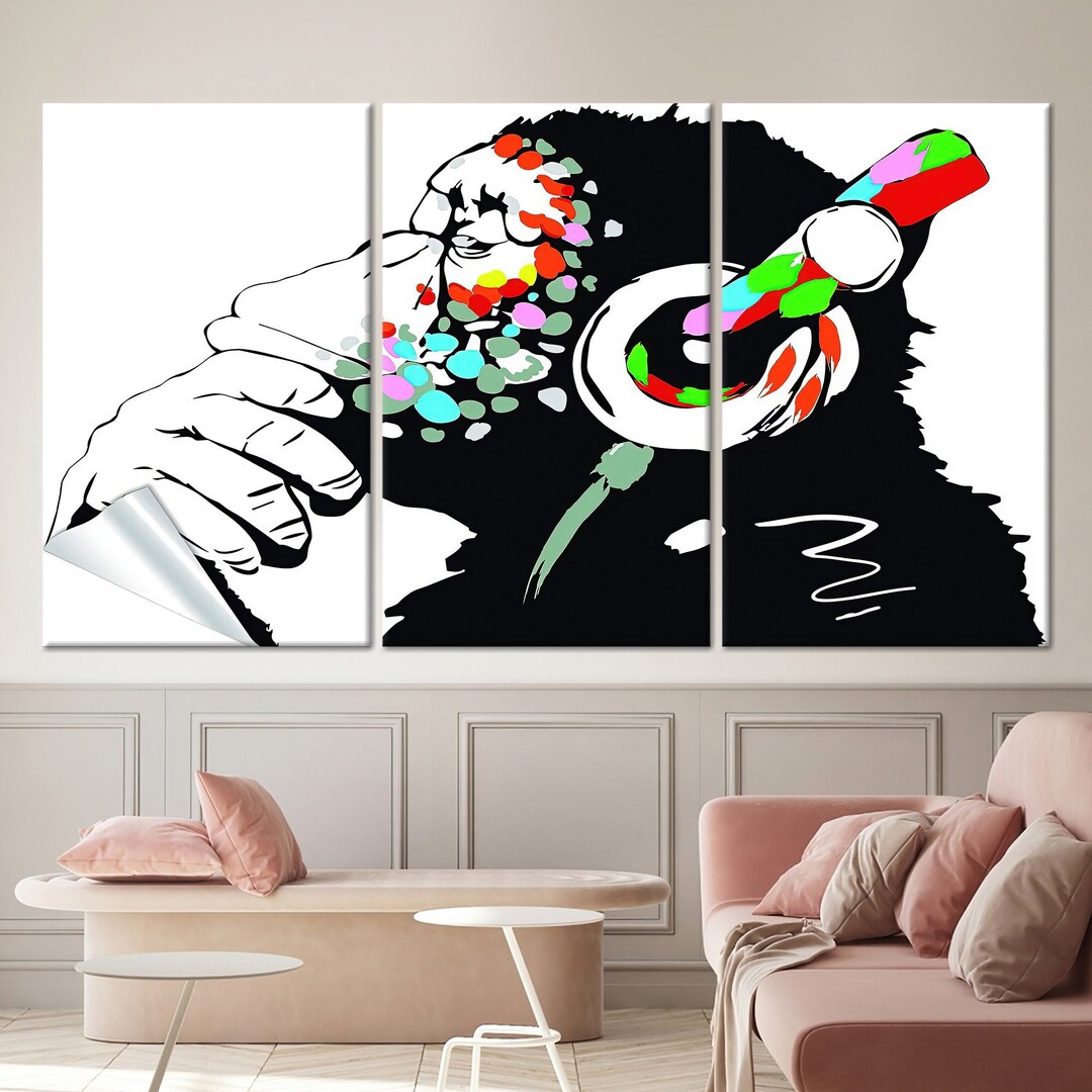 Graffiti Monkey Glass, Banksy Thinking Monkey Glass Wall Art, Colorful ...