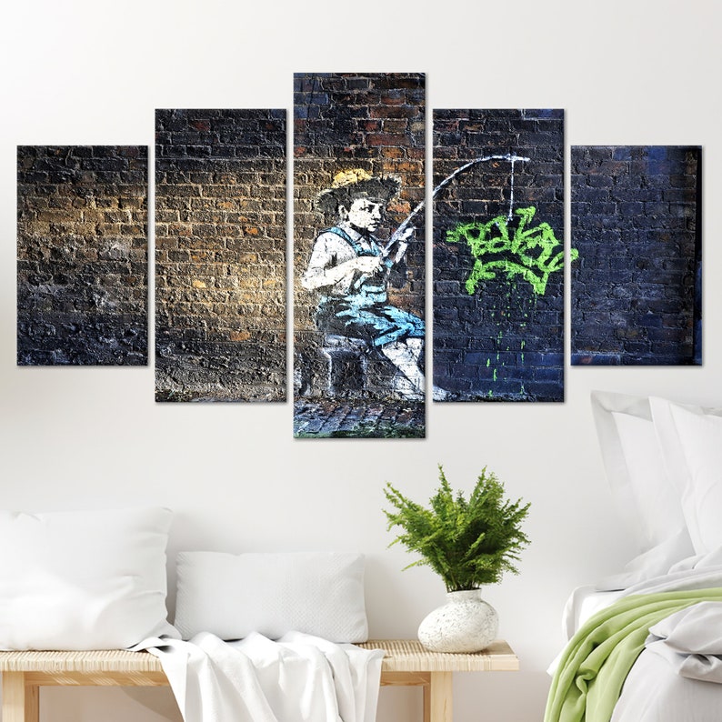 Banksy Fishing Boy Canvas Art: Street Graffiti Decor - Etsy