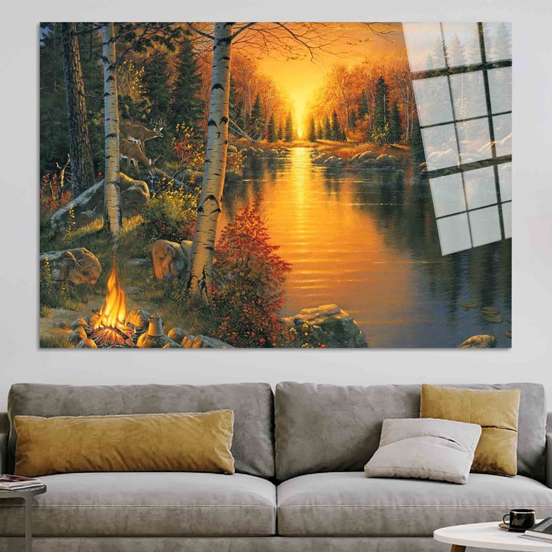 Forest River Sunset Canvas Art, Campfire Landscape Painting for Nature ...