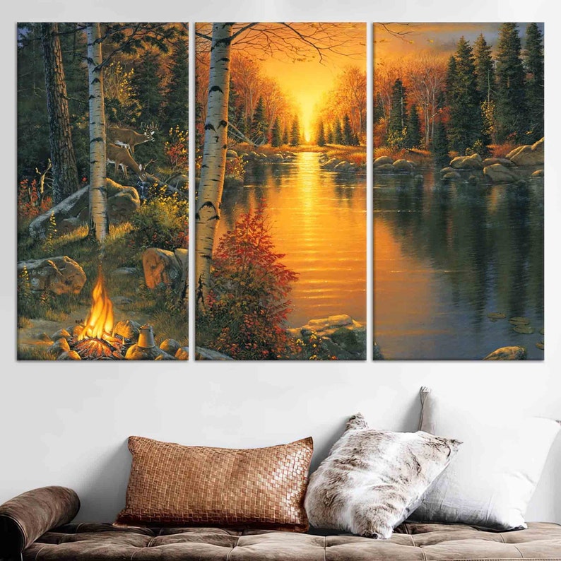Forest River Sunset Canvas Art, Campfire Landscape Painting for Nature ...
