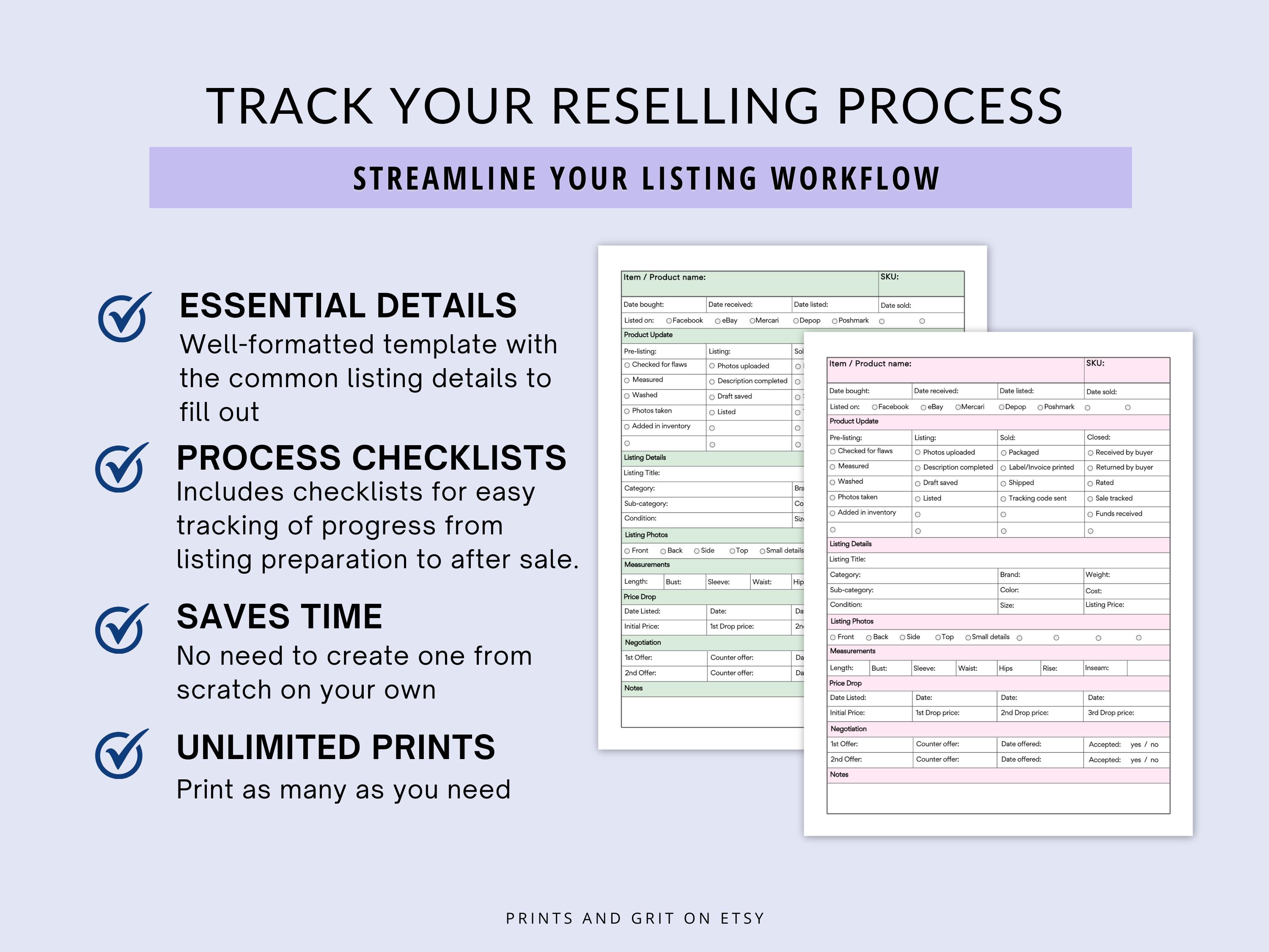 Reseller Listing Template Reseller Tracker Printable Reseller Inventory ...