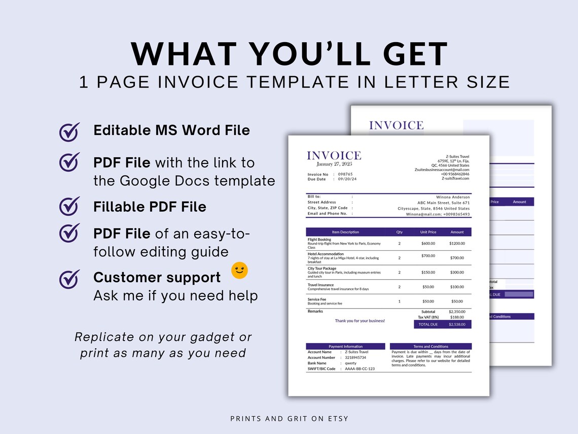 Travel Agent Invoice Simple Editable Invoice Template Business Invoice ...
