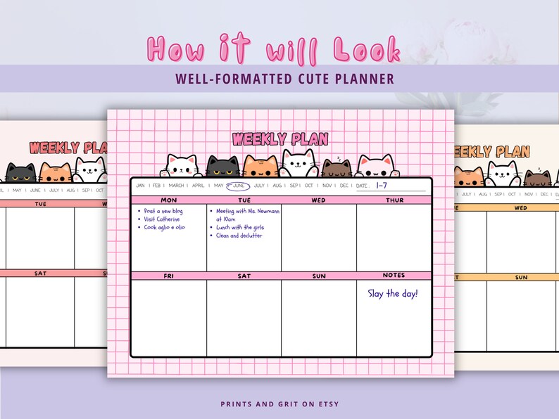 Horizontal Weekly Planner Printable, Cat Planner 2024, Weekly Planner ...