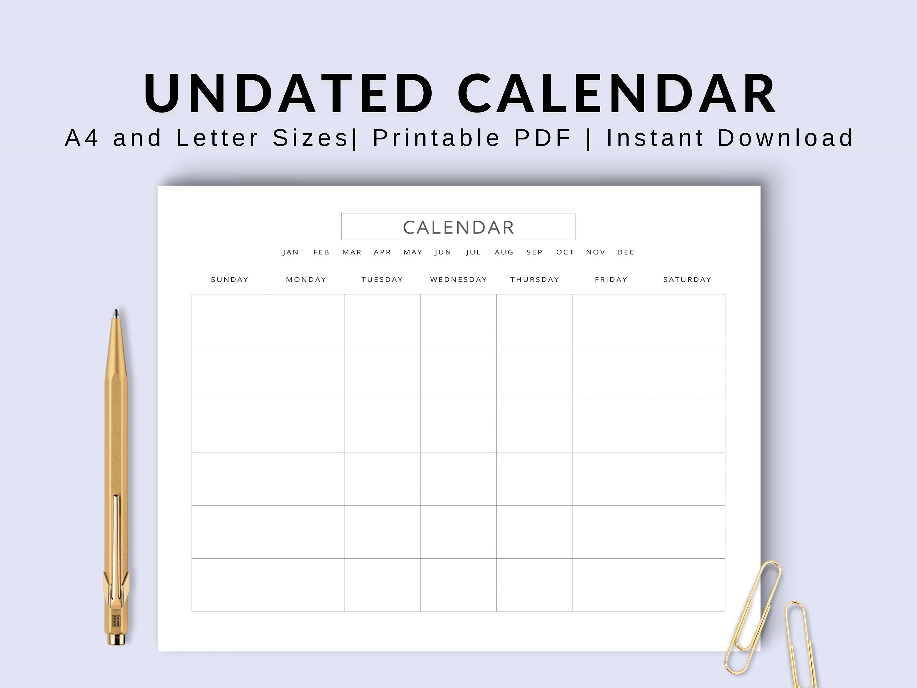 Undated Monthly Calendar 2023 Printable Calendar PDF Wall Calendar 2 ...