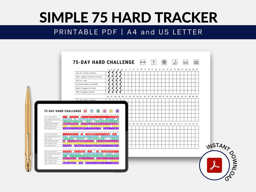 Simple 75 Hard Tracker & Hard Challenge Printable PDF in Landscape A4 ...