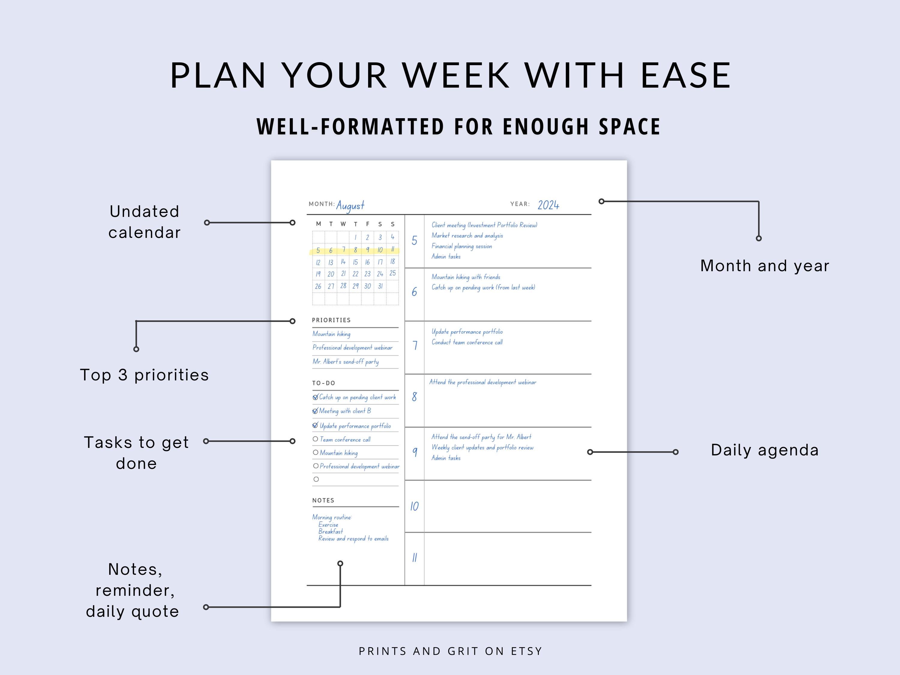 Simple Weekly Planner Template Weekly Planner Portrait Weekly Agenda ...