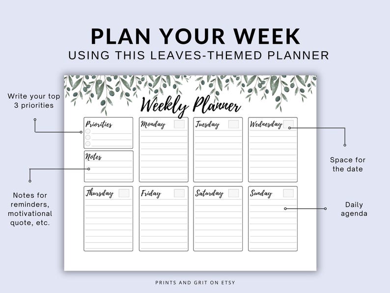 Watercolor Weekly Planner Landscape Weekly Agenda Planner Week ...