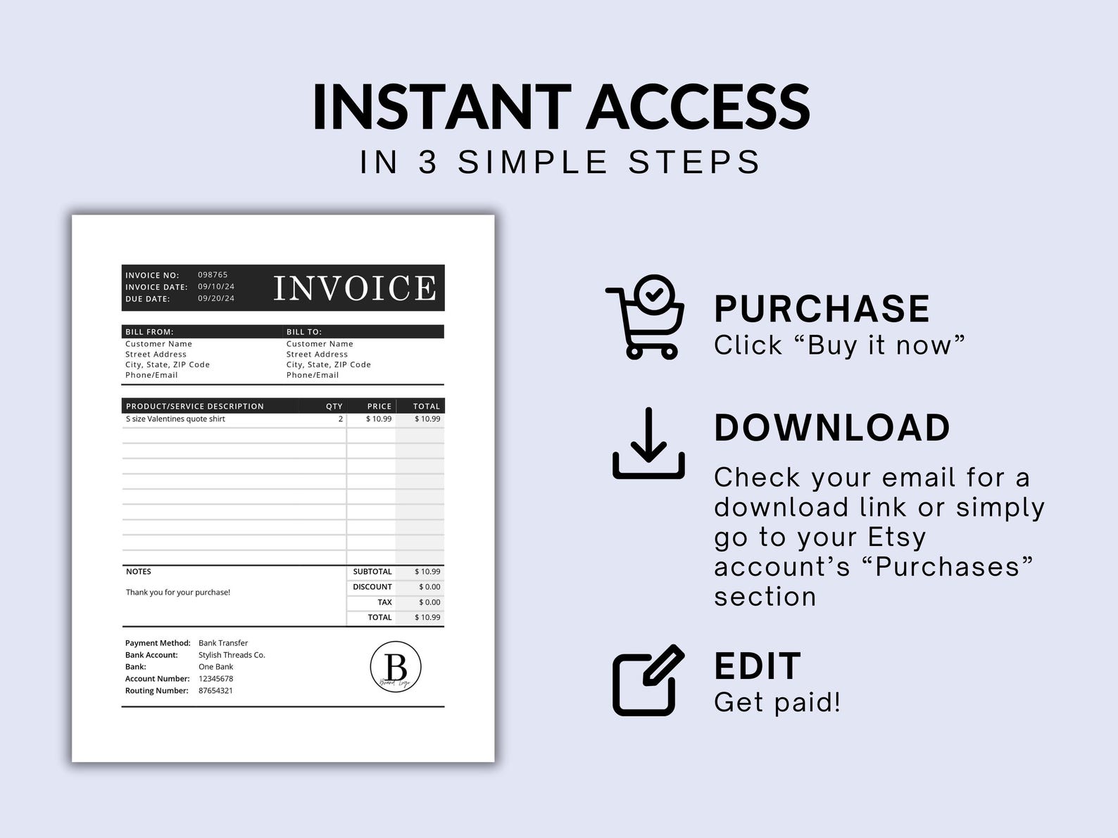 Printable Invoice Template Editable Invoice Template Business Invoice ...