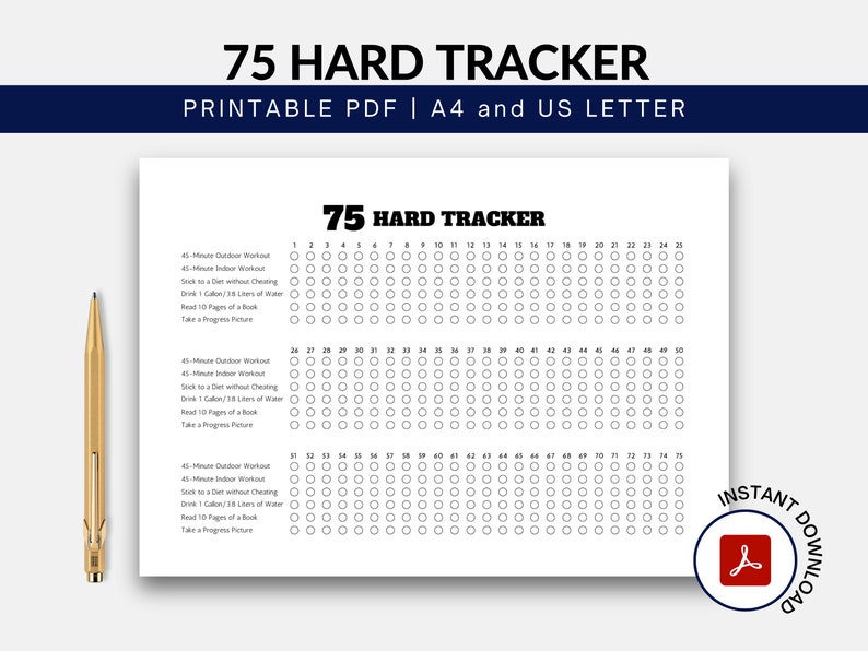 75 Hard Challenge, 75 Hard Tracker Printable PDF, Landscape A4 and US ...