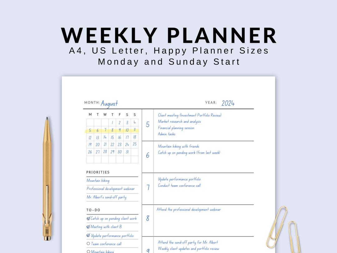 Simple Weekly Planner Template Weekly Planner Portrait Weekly Agenda ...