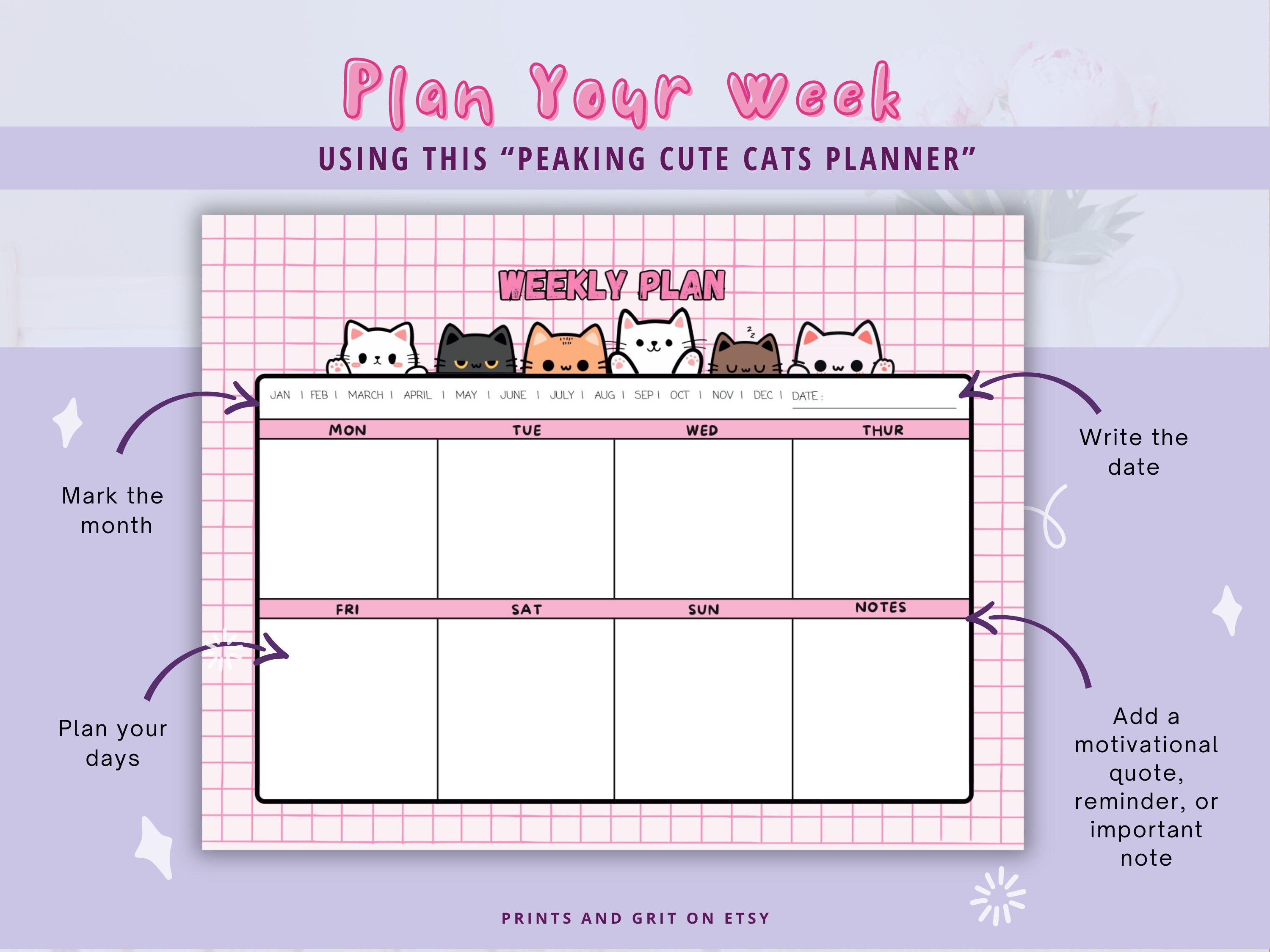 Horizontal Weekly Planner Printable, Cat Planner 2024, Weekly Planner ...