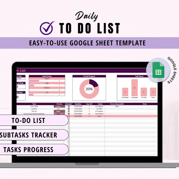 Task Tracker Spreadsheet Template, Task Management Google Sheets, To-do List Productivity ...