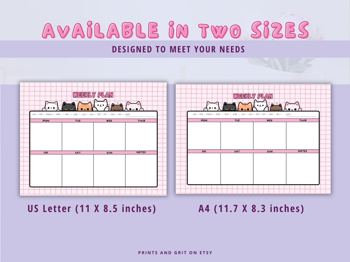Horizontal Weekly Planner Printable, Cat Planner 2024, Weekly Planner ...