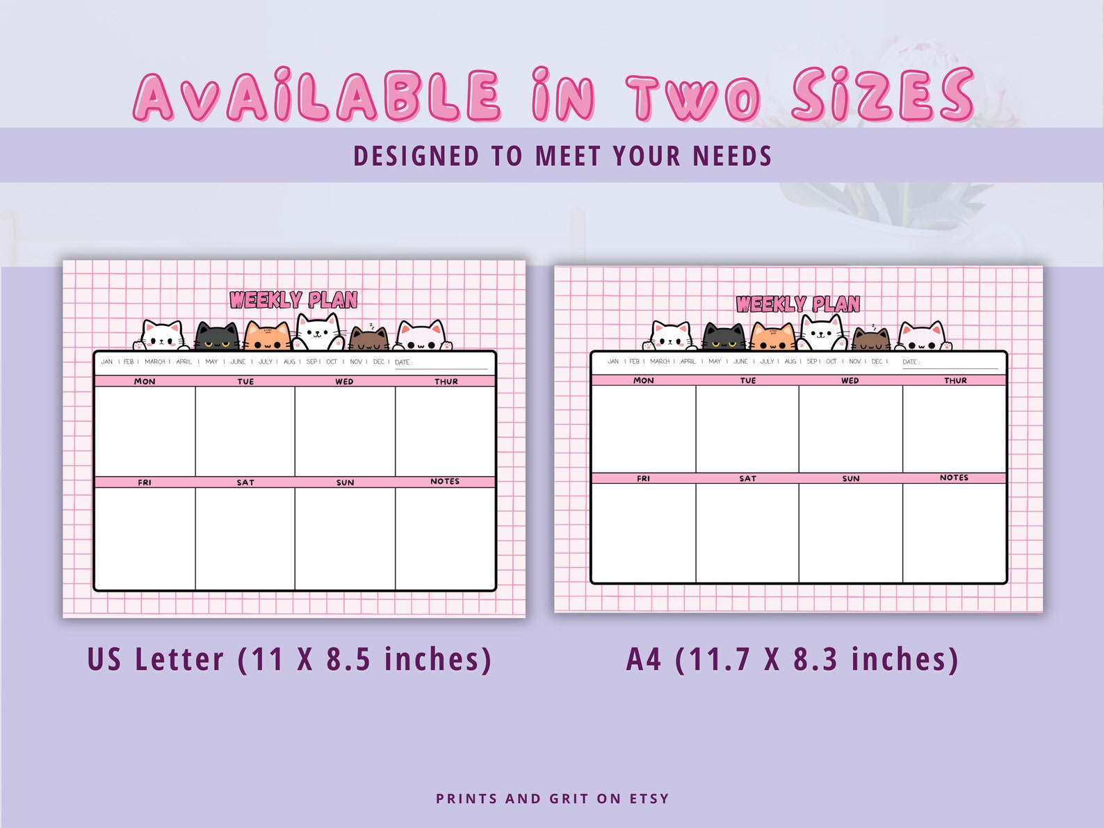 Horizontal Weekly Planner Printable, Cat Planner 2024, Weekly Planner ...