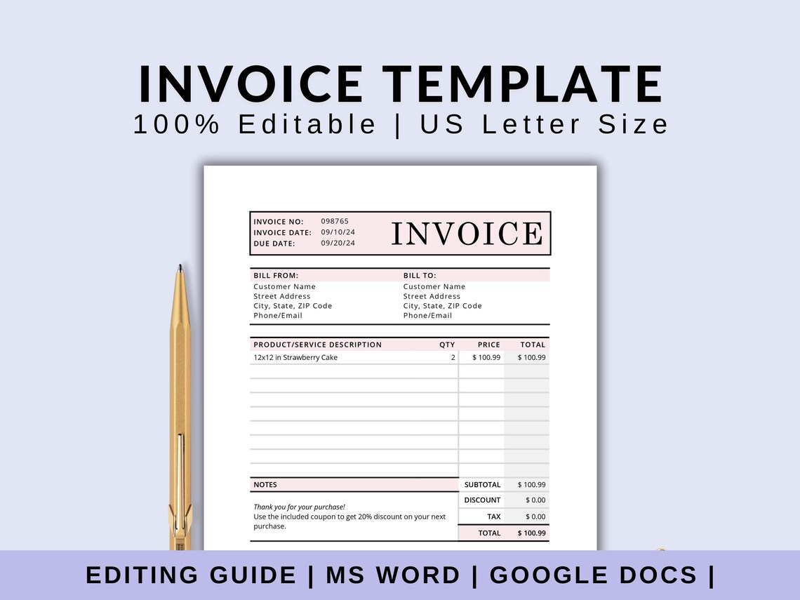 Printable Invoice Template Editable Invoice Template Business Invoice ...