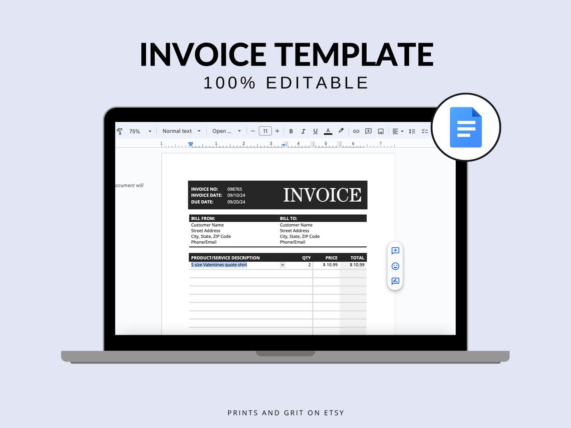 Printable Invoice Template Editable Invoice Template Business Invoice ...