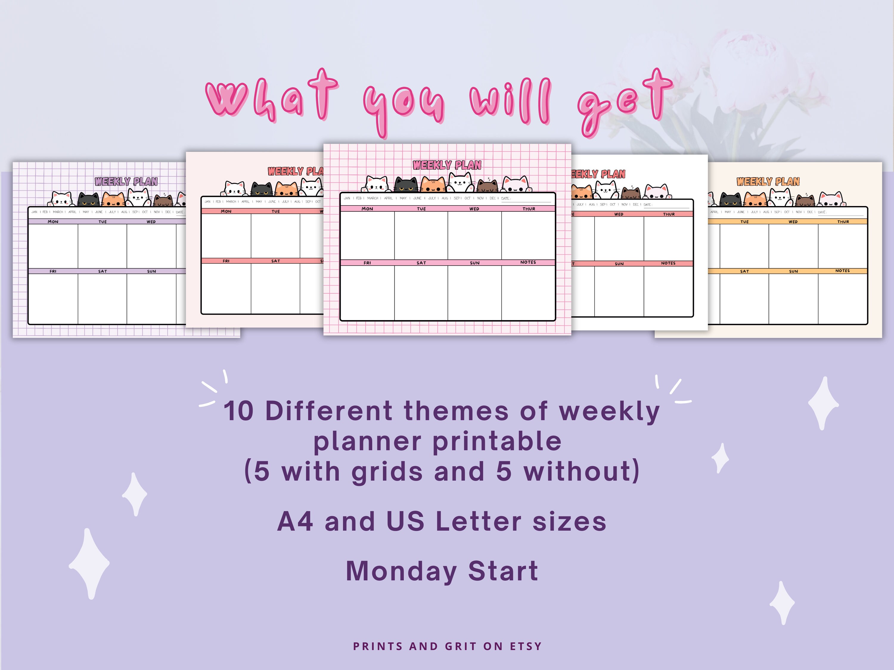 Horizontal Weekly Planner Printable, Cat Planner 2024, Weekly Planner ...