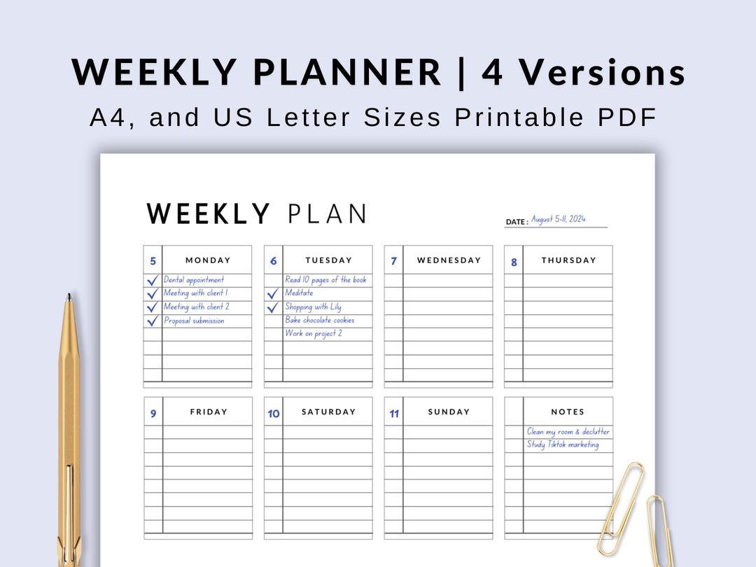 Simple Weekly Planner Template Weekly Planner Landscape Weekly Agenda ...