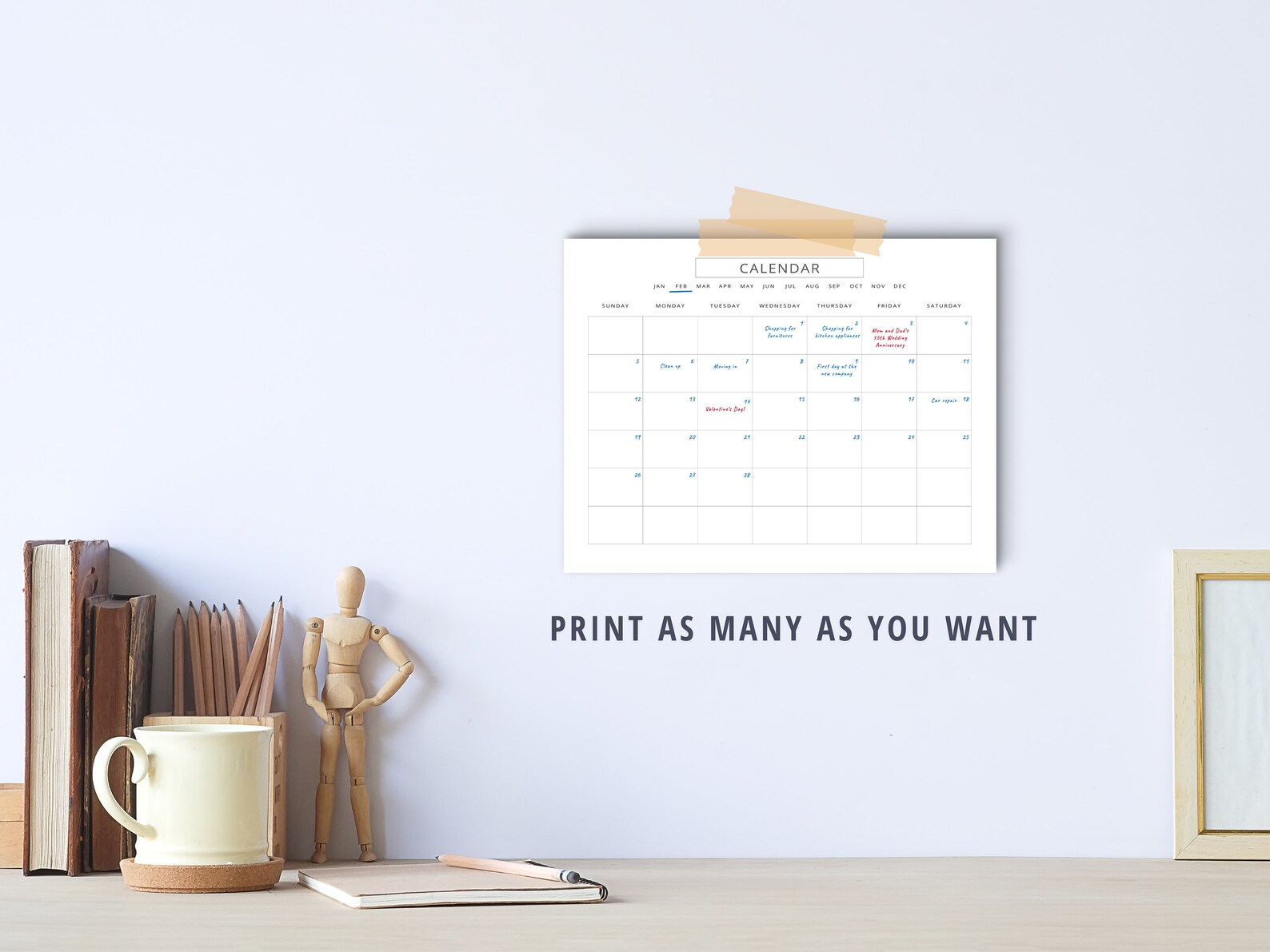 Undated Monthly Calendar 2023 Printable Calendar PDF Wall Calendar 2 ...