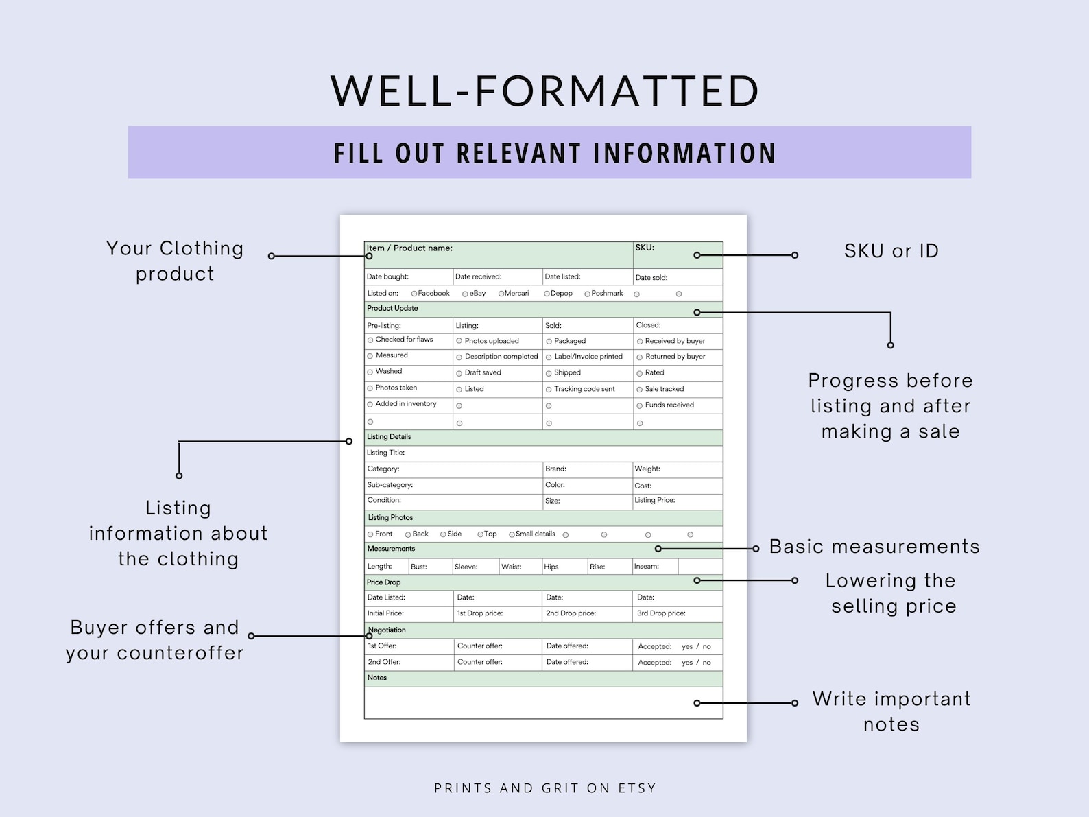 Reseller Listing Template Reseller Tracker Printable Reseller Inventory ...