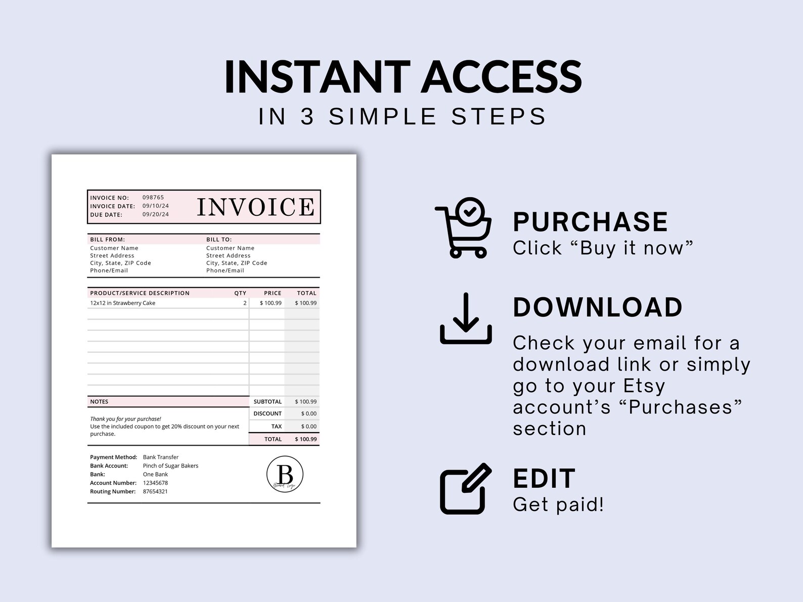 Printable Invoice Template Editable Invoice Template Business Invoice ...