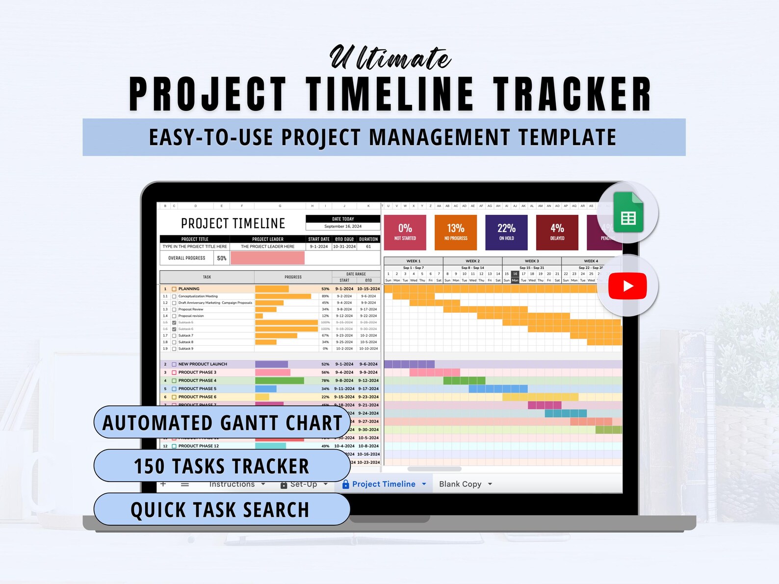 Project Gantt Chart Google Sheets, Project Manager Planner Template ...