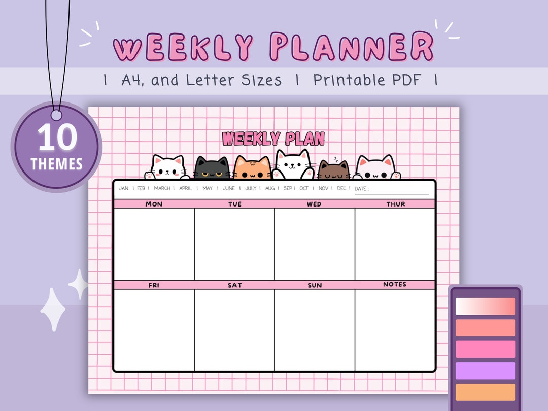 Horizontal Weekly Planner Printable, Cat Planner 2024, Weekly Planner ...