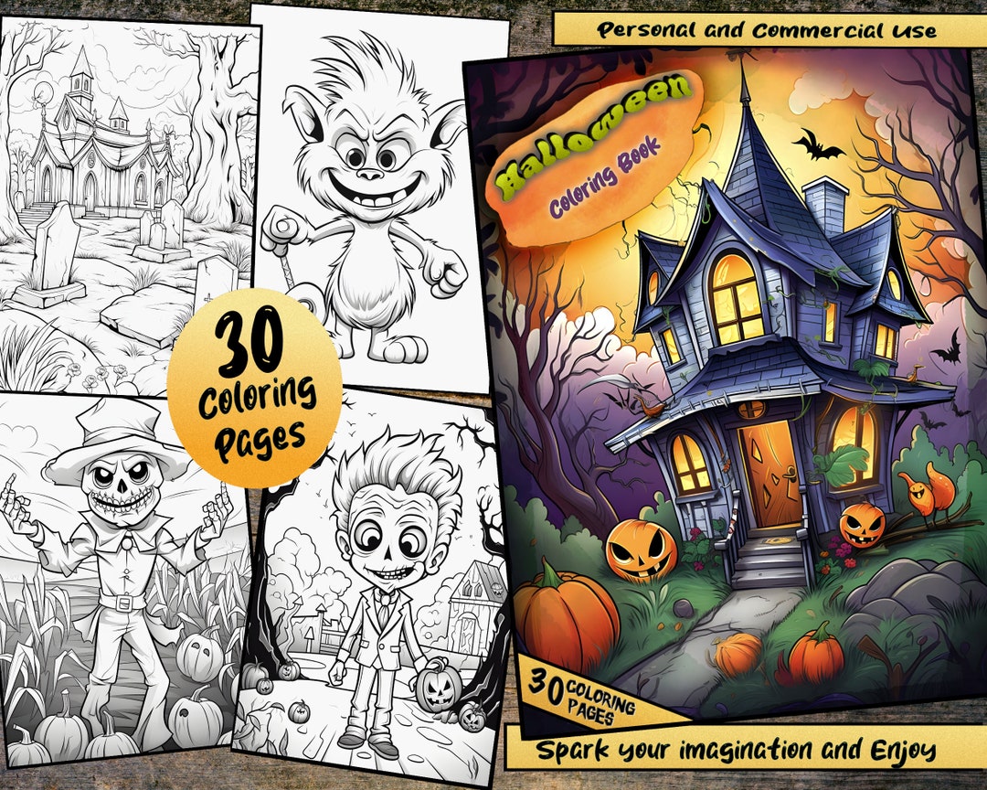 Cute Halloween Coloring Book for Kids and Adults, Grayscale Coloring ...