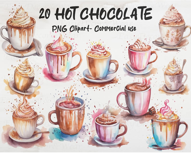 Hot Chocolate Clipart Watercolor Hot Cocoa PNG Christmas Collage Images ...