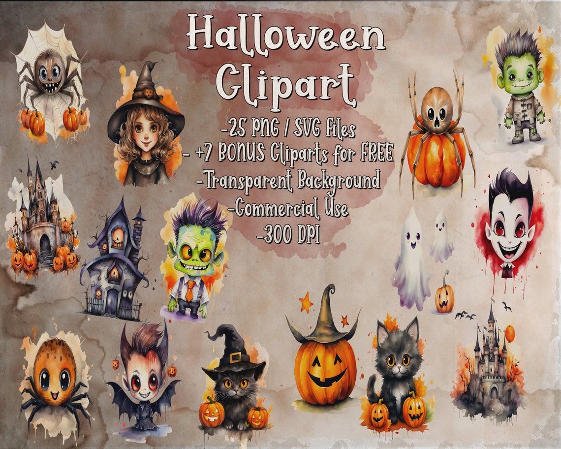 Watercolor Halloween Clipart, Ghost, Spider, Vampire (SVG PNG) - Etsy