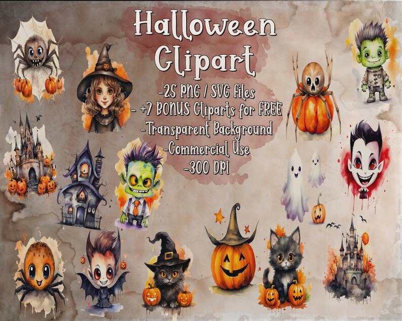 Watercolor Halloween Clipart, Ghost, Spider, Vampire (SVG PNG) - Etsy