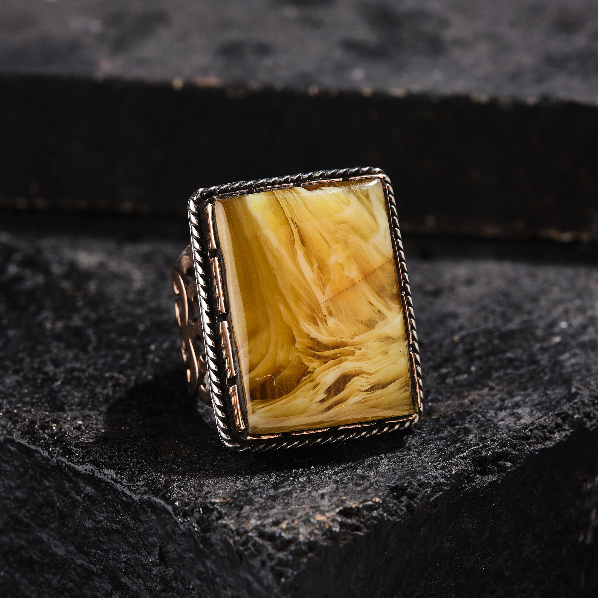 Huge Amber Ring for Men, Handmade Yellow Amber Ring, Authentic Amber ...