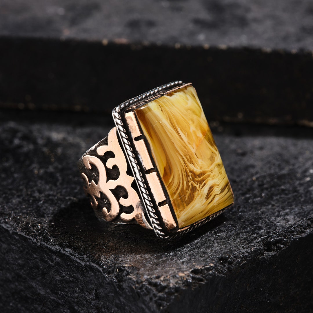 Huge Amber Ring for Men, Handmade Yellow Amber Ring, Authentic Amber ...