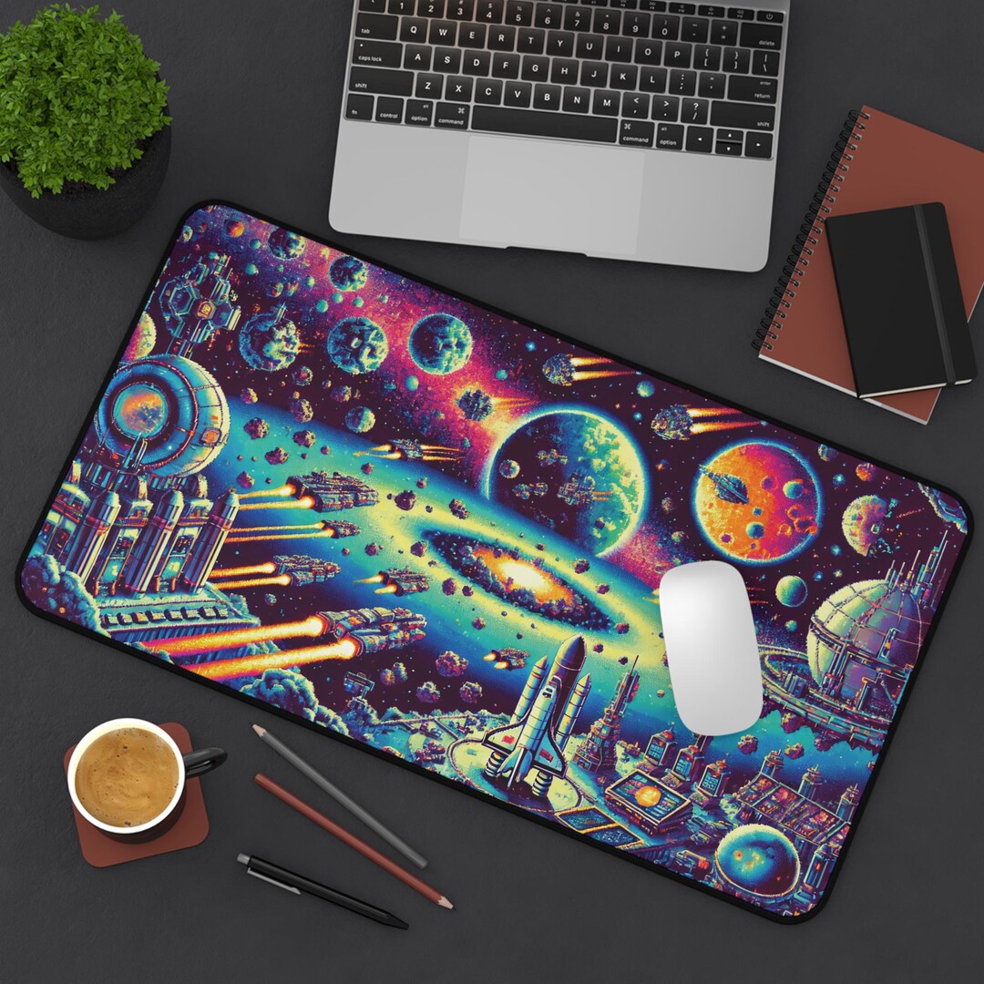 Retro Pixel Art Space Battle Gaming Desk Mat High Precision Large Desk ...