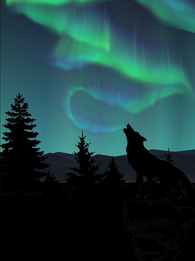 Northern Lights Wall Art | Howling Wolf | Aurora Borealis Printable ...
