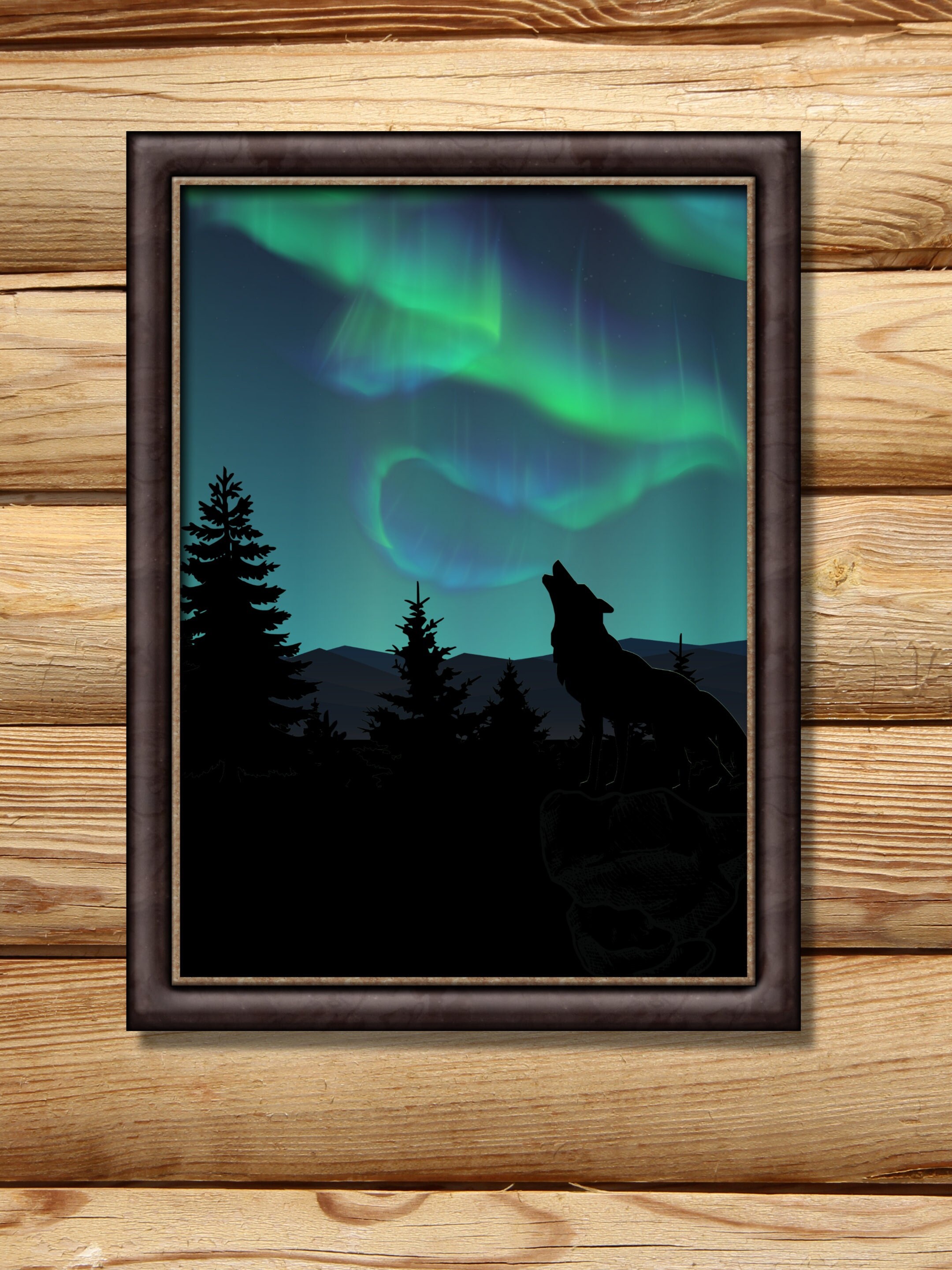 Northern Lights Wall Art | Howling Wolf | Aurora Borealis Printable ...